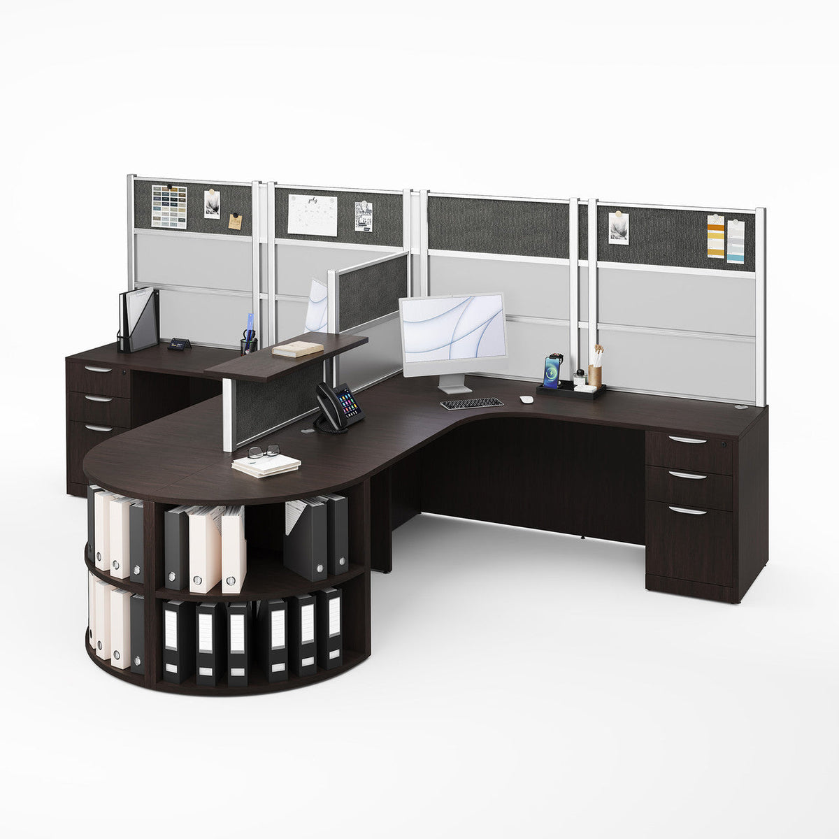 Borders II Multi-Person T Shaped Workstation Desk with Bookcase ...