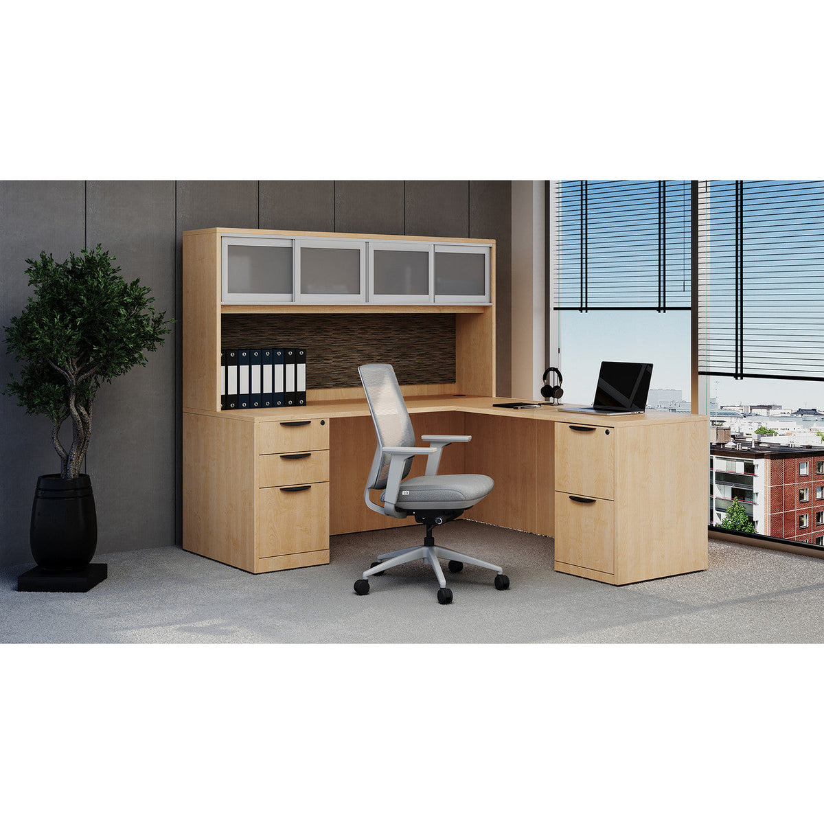 OS Laminate L Shape Desk with Hutch & Deluxe Full Pedestal Drawers ...