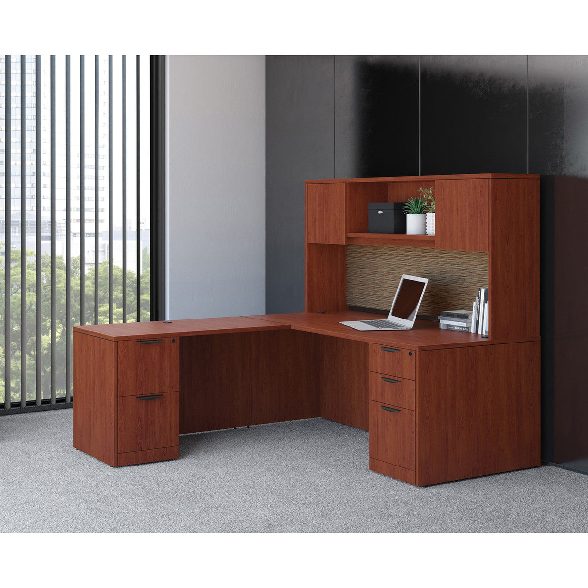 OS Laminate L Shaped Desk with Drawer Pedestals, Hutch & Tack Board ...
